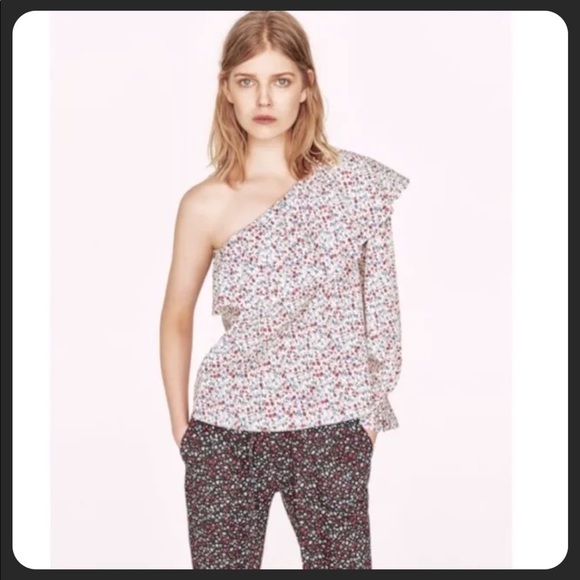 Zara | Tops | Zara One Shoulder Micro Floral Printed Ruffle Blouse ...